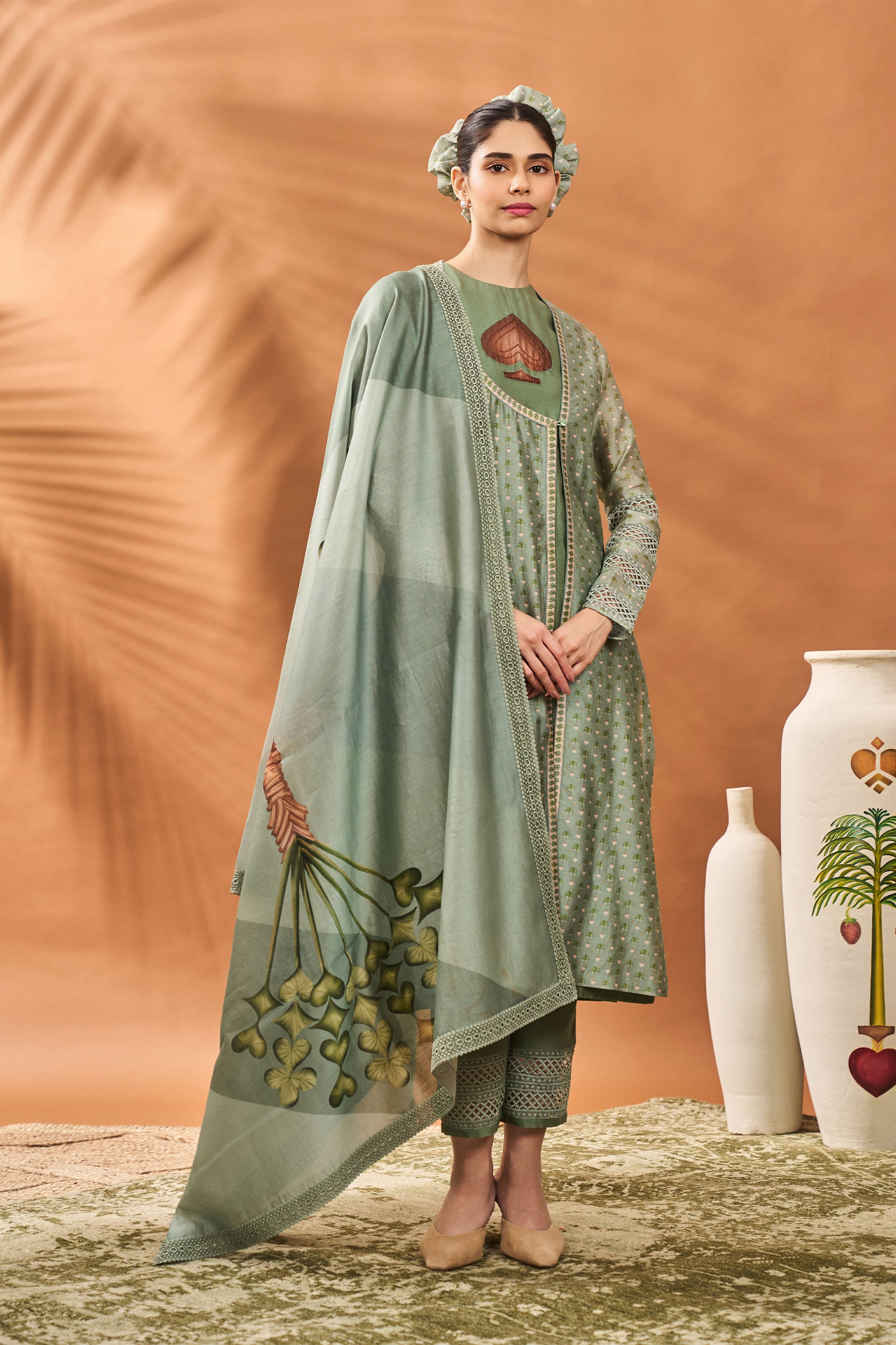 Sage Green Tree Of Hearts Angrakha Kurta Set – Melange Singapore