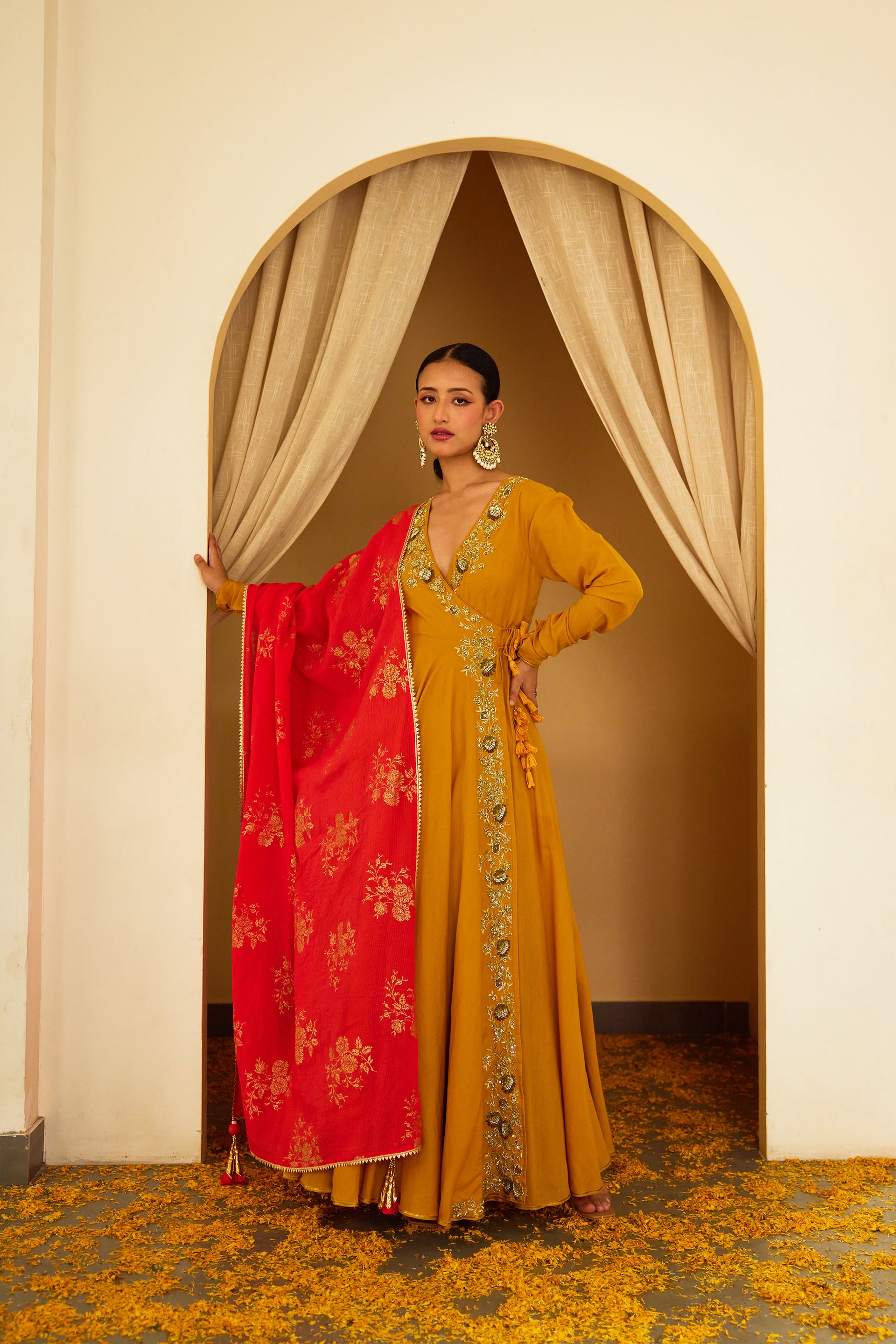 Ochre Embroidered Angrakha Set – Melange Singapore