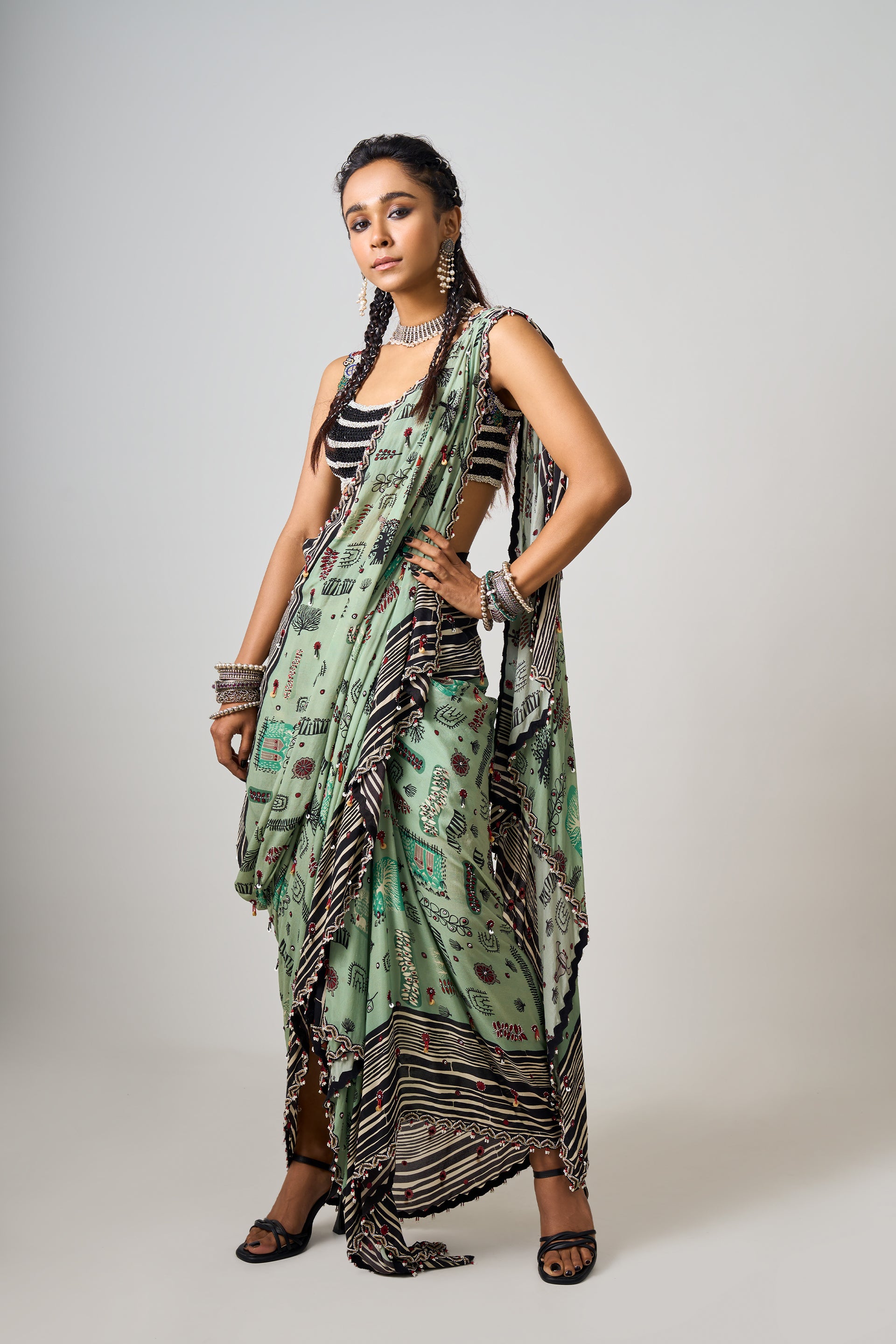 Mint Pre-Draped Sari Set – Melange Singapore