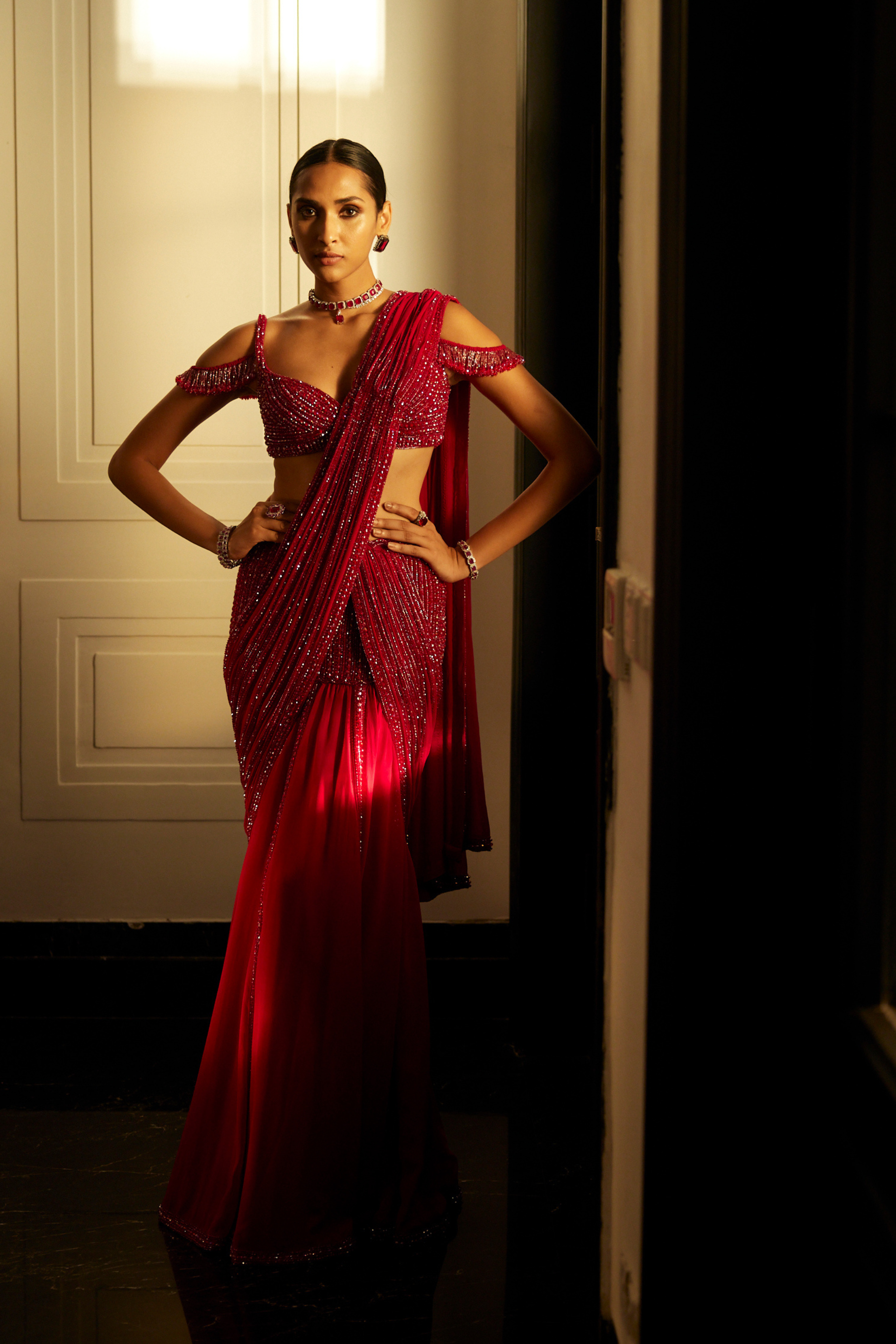 Ruby Red Pre Draped Crystal Embellished Saree Set – Melange Singapore