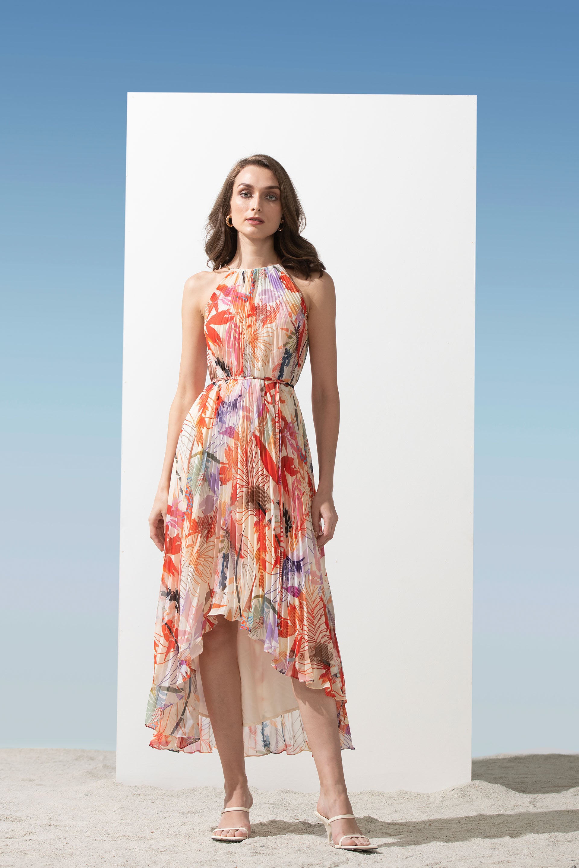 Georgette Printed Heat Pleat Set Asymmetric Dress With Chain Detailed ...