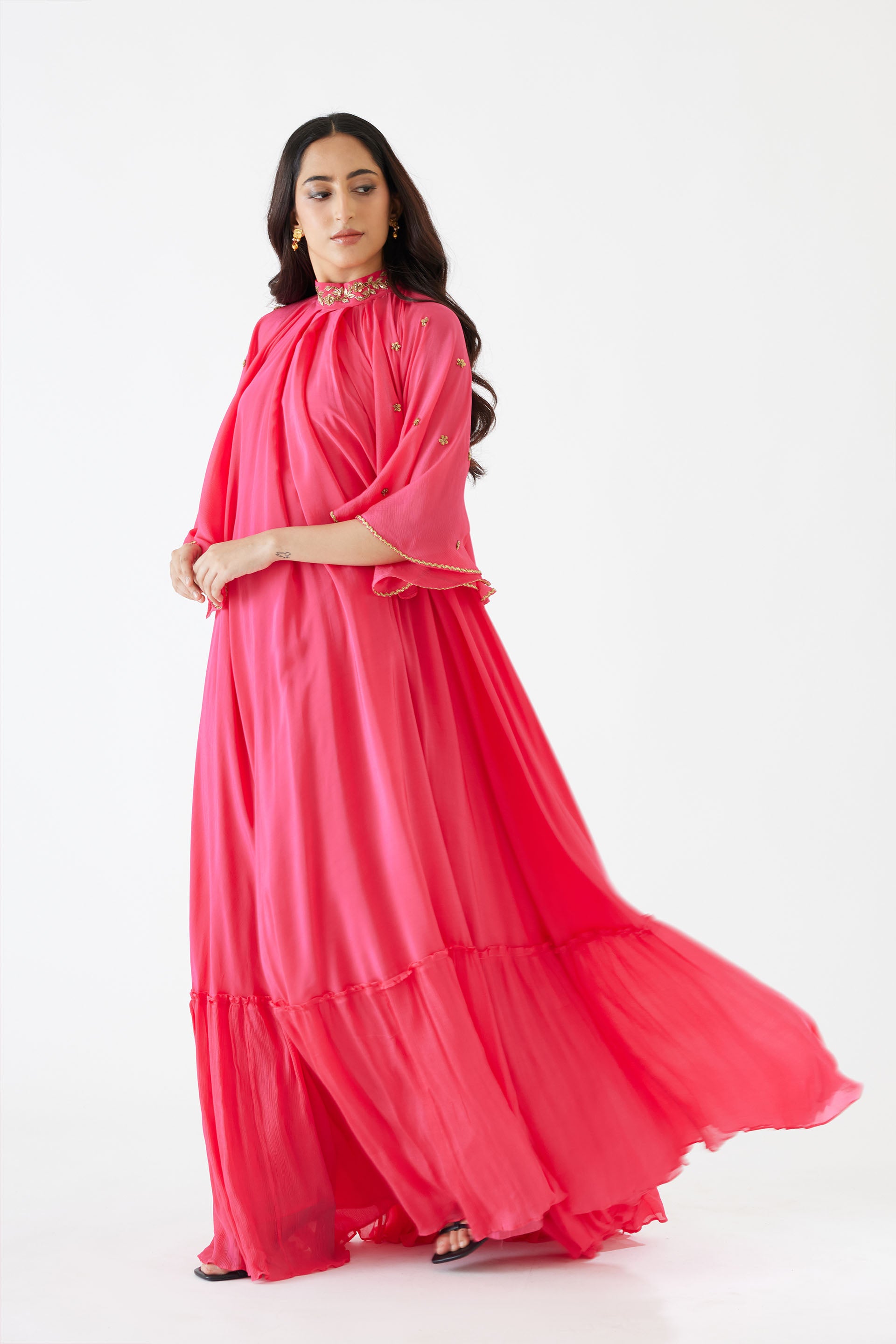 Rani Pink Embroidered Cape Dress – Melange Singapore