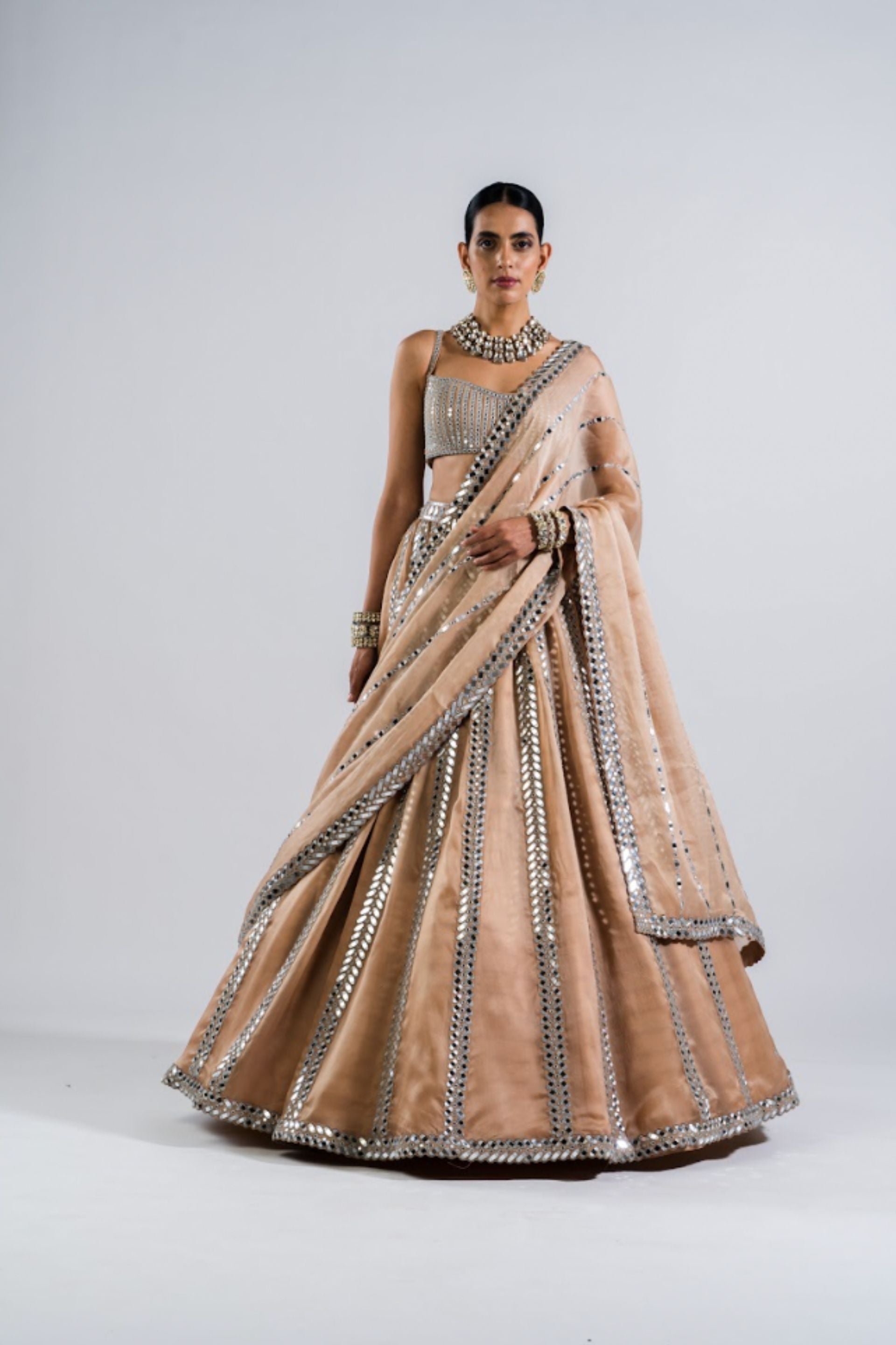 Beige Mirror Seam Lehenga With Mirror Blouse – Melange Singapore